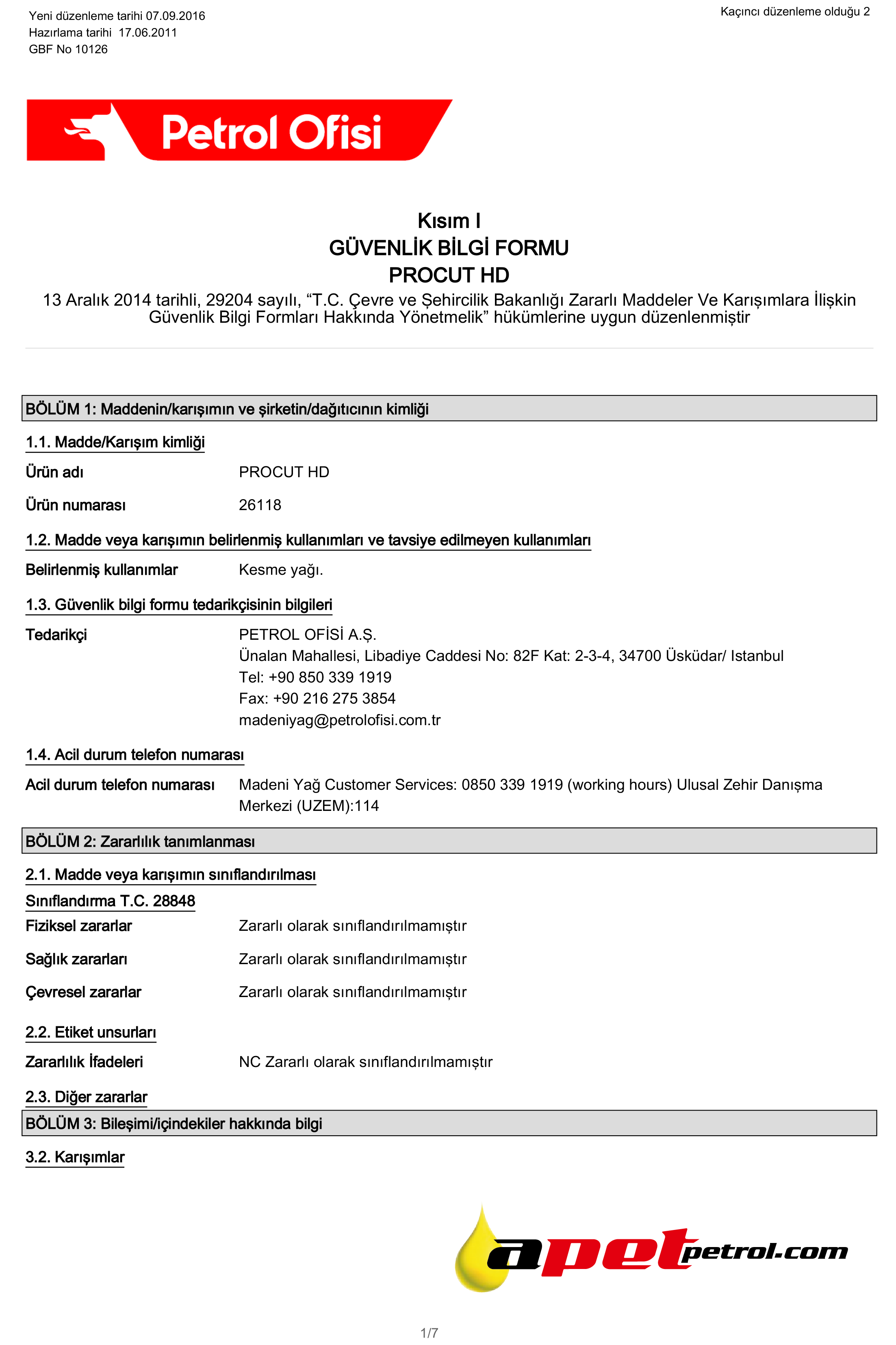 PETROL OFİSİ PROCUT HD SAF KESME YAĞI MSDS